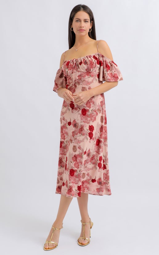 Shop our CDC Flutter Ruched Slip Dress in Dusky/red | Pagani