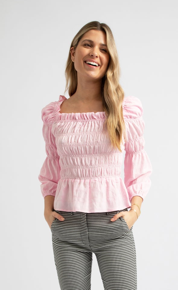Purple Plus Gingham Puff Sleeve Shirred Top Ubicaciondepersonas Cdmx