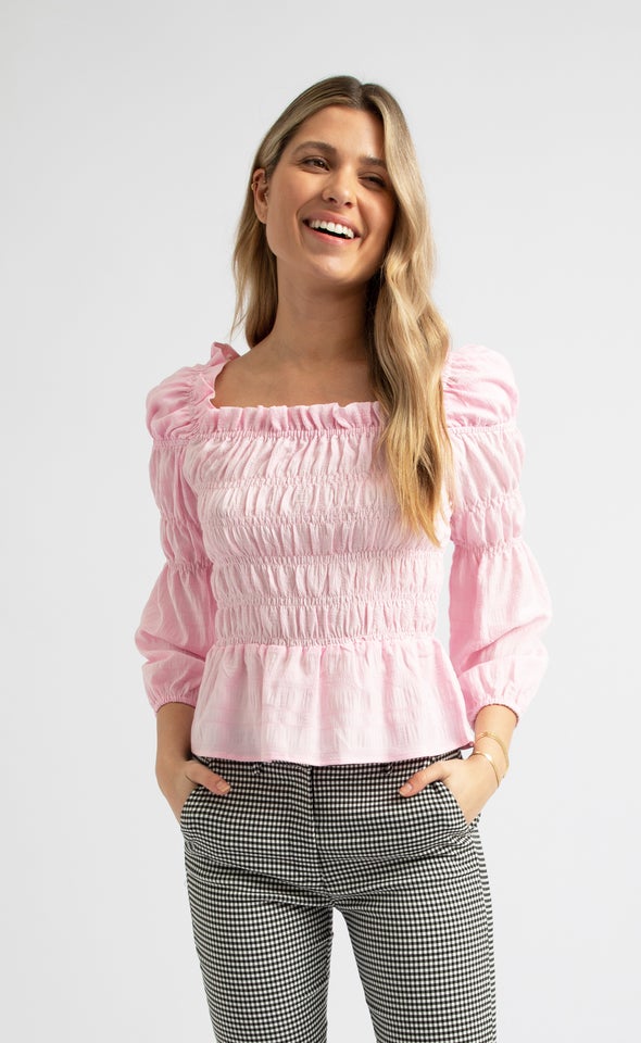 Purple Plus Gingham Puff Sleeve Shirred Top Ubicaciondepersonas Cdmx
