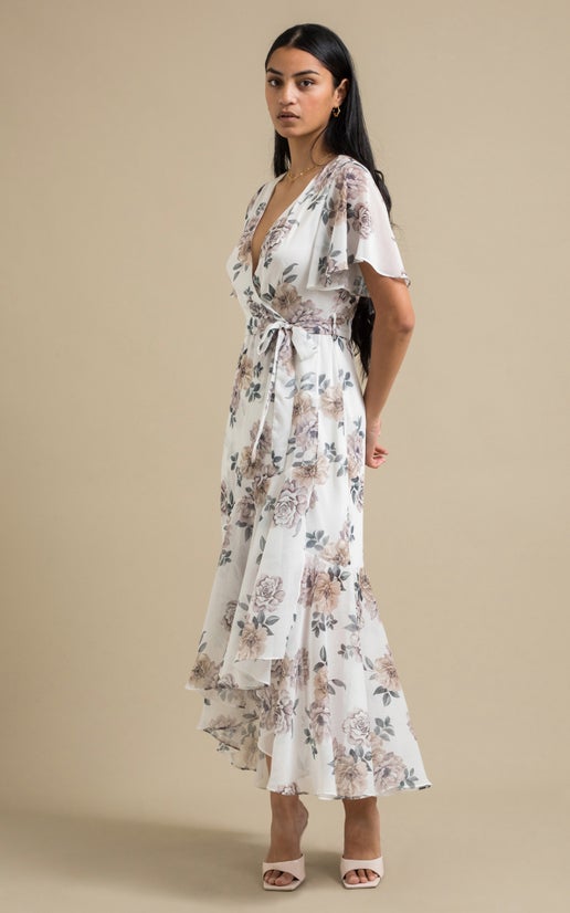 Shop our Chiffon Flutter Floaty Wrap Maxi in Cream/floral | Pagani