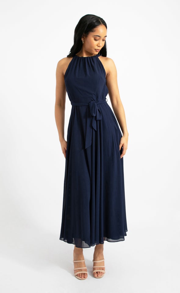 Chiffon Halter Tie Waist Gown | Pagani