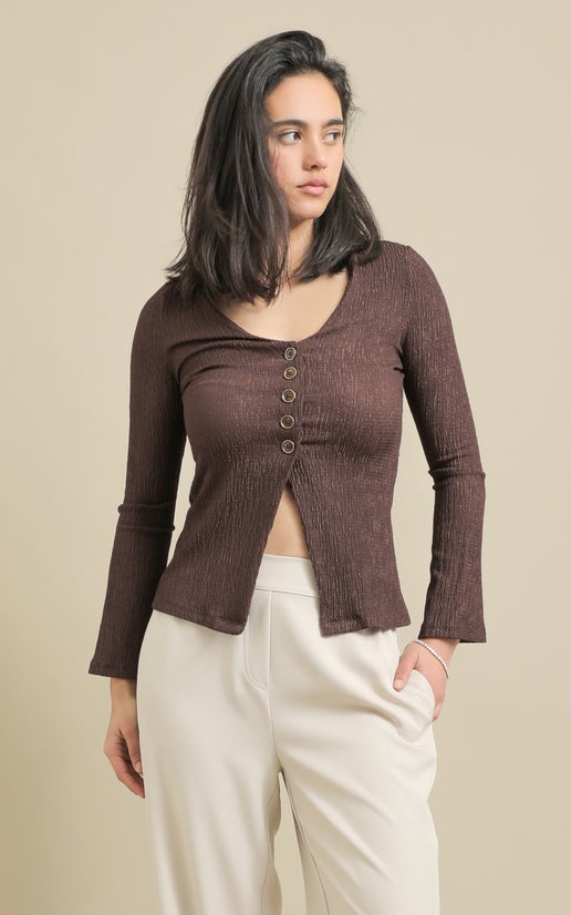 Shop our Crinkle Knit Button Up Top in Chocolate | Pagani