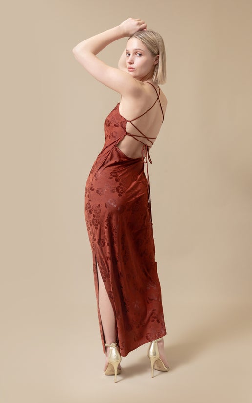 Shop our Jacquard Satin Low Cross Back Gown in Rust/floral | Pagani