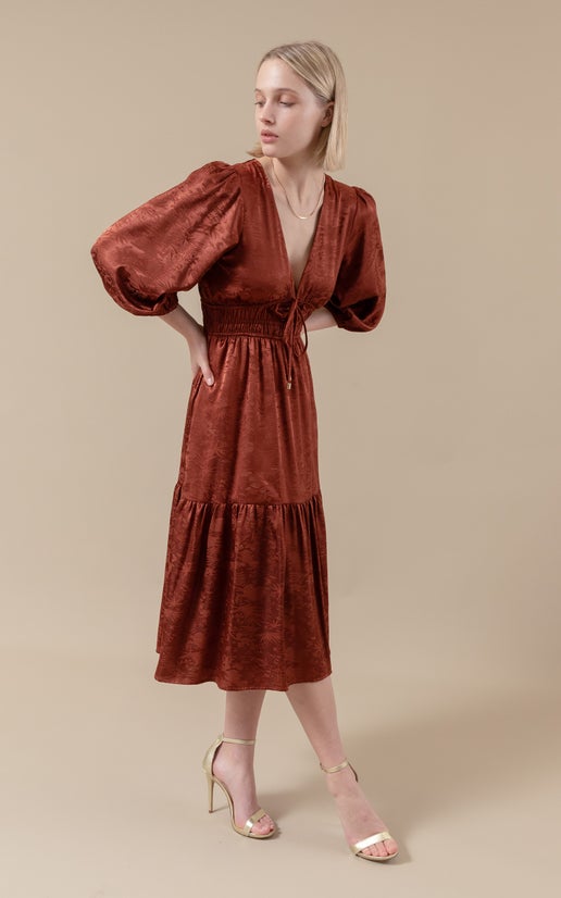 Shop our Jacquard Tie Front Dress in Rust | Pagani