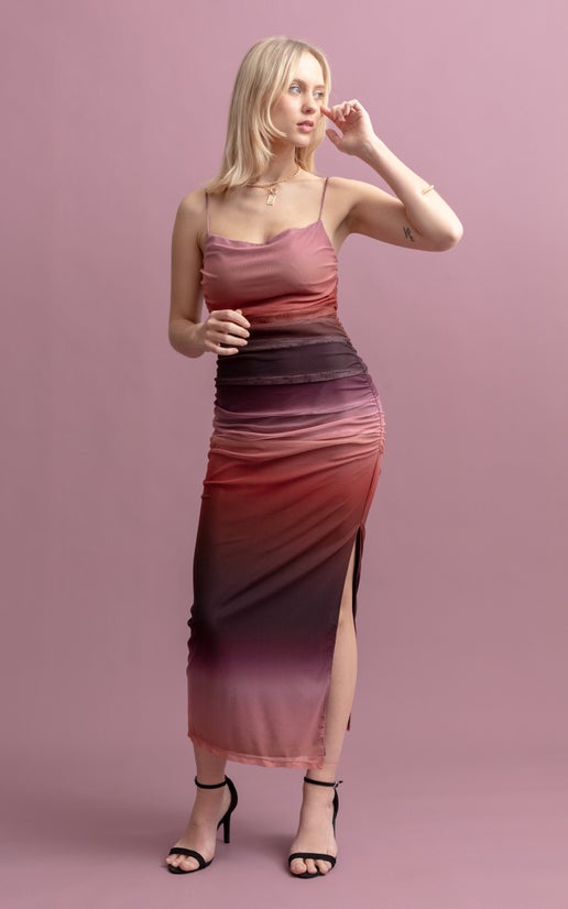 Shop our Mesh Ruched Maxi in Ombre rust | Pagani
