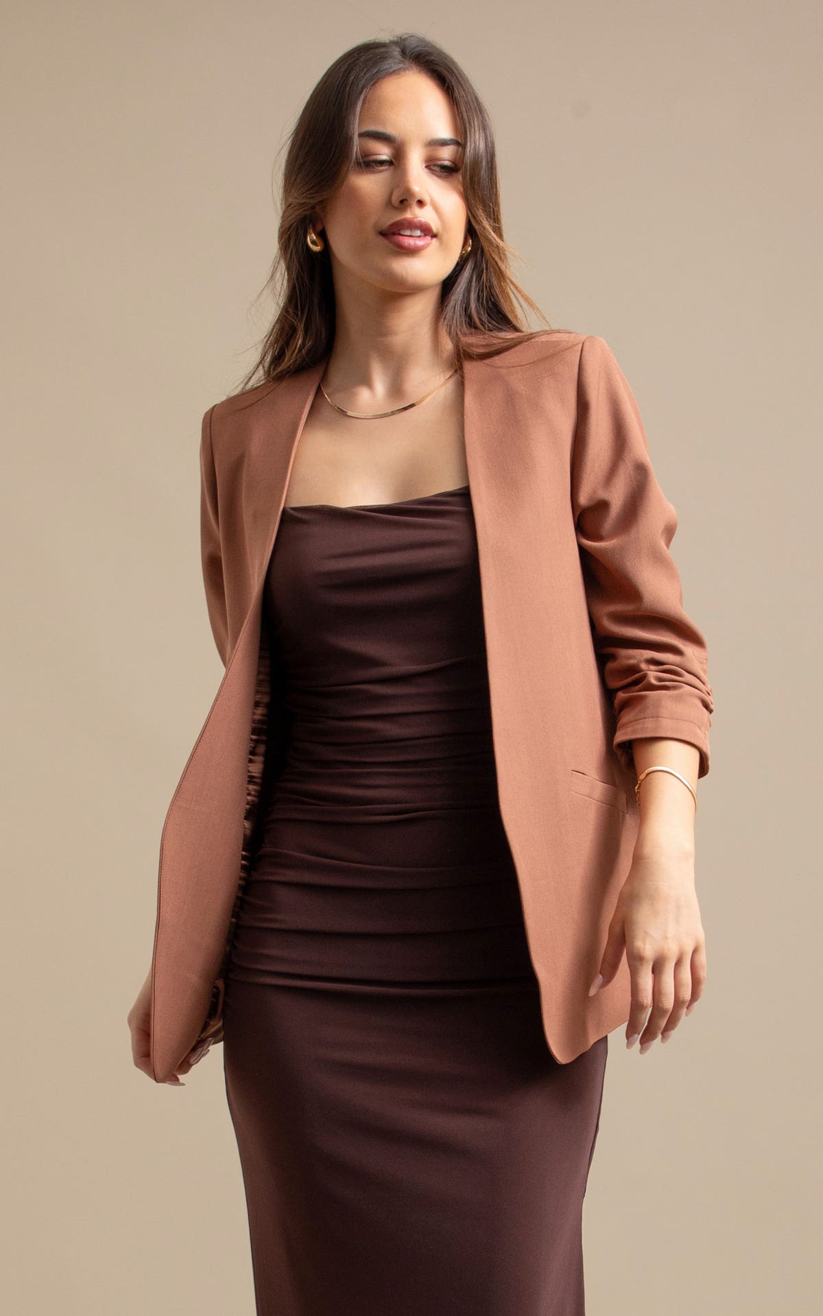 Shop our Ruched Sleeve Blazer in Brass | Pagani