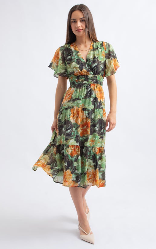 Shop our Ptd Voile Flutter Sleeve Dress in Ink/rust | Pagani