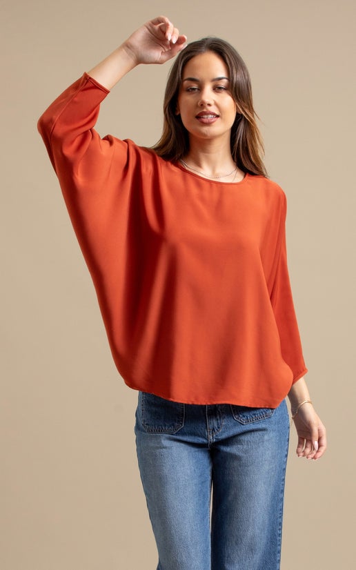 Shop our Satin Tapered Sleeve Batwing Top in Sienna | Pagani