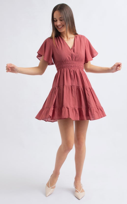 Shop our Voile Flutter Sleeve Short Tier Dress in Rust | Pagani